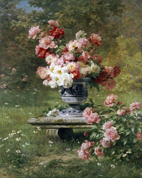 Louis Marie Lemaire - Peonies In An Urn In a Garden - Art Print ...