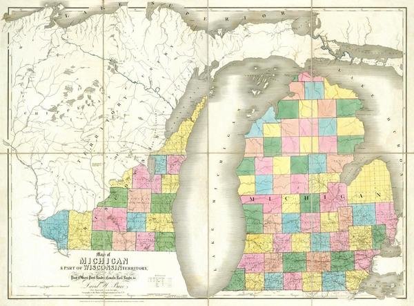 David H. Burr - Map of Michigan & Part of Wisconsin Territory, 1839 ...