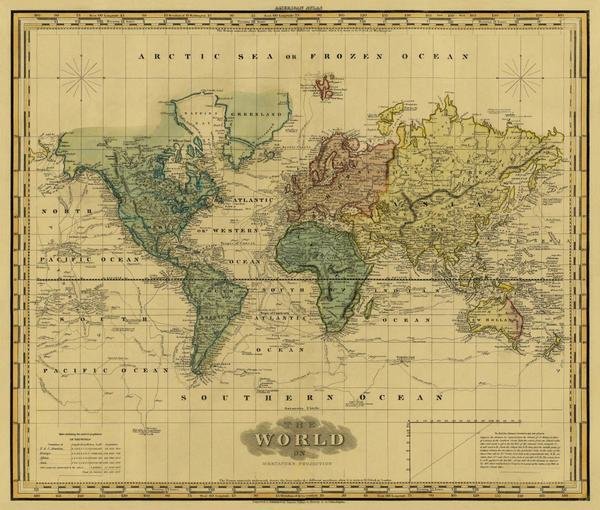 Henry S. Tanner - World on Mercators Projection, 1823 - Tea Stained ...